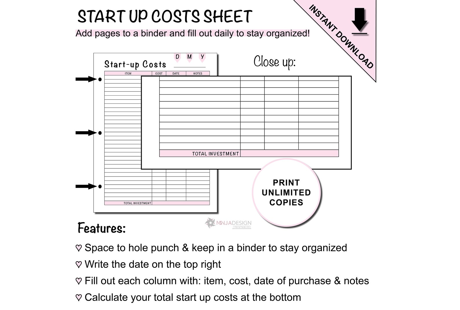 Printable Start up Cost Sheet for Business - Etsy
