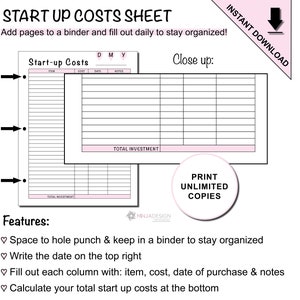 Printable Start up Cost Sheet for Business - Etsy
