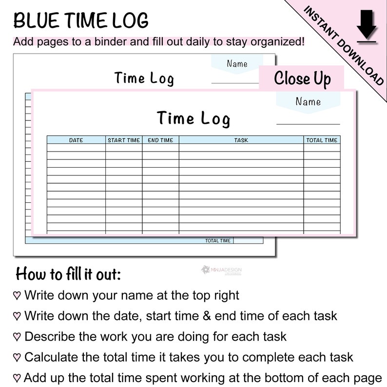 Printable Time Log Sheet to Track Time Spent Working on Tasks - Etsy