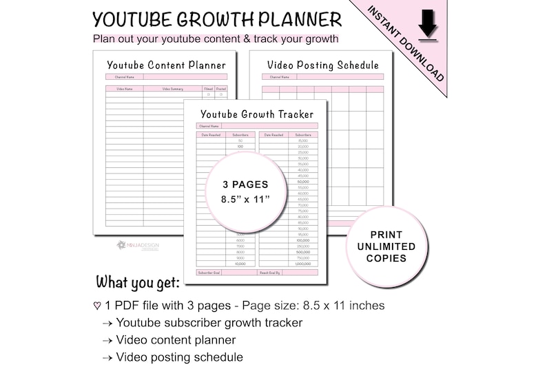 Printable Youtube Content Planner & Youtube Growth Tracker - Etsy
