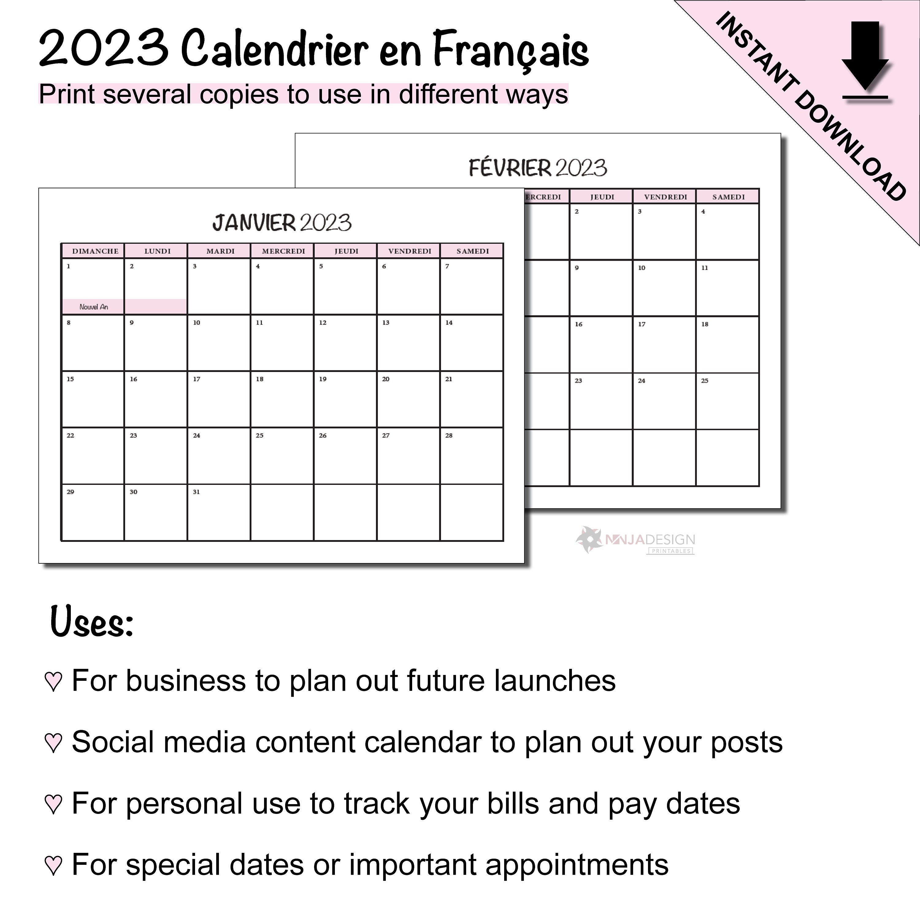 Printable Minimalist Calendar in French for 2023 With Canadian - Etsy