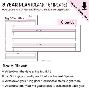 Printable 3 Year Goal Planning Template for 2024 to 2026 Plus Blank ...