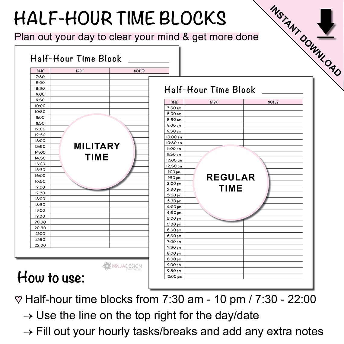 Printable Daily Time Block Schedules by Hour and Half-hour | Etsy