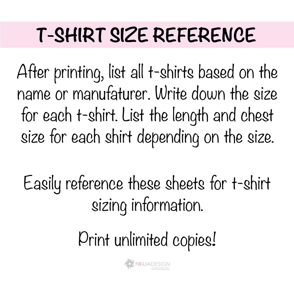 Printable T-shirt Size Reference Chart Tracker Sheet for Small - Etsy ...