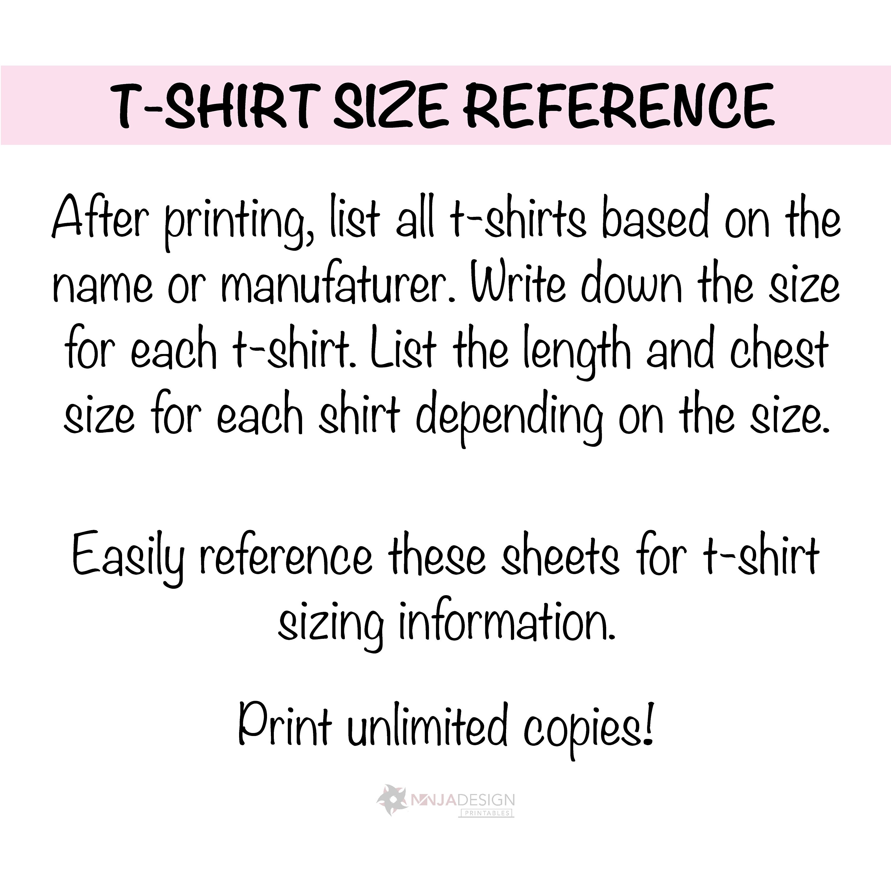 Printable T-shirt Size Reference Chart Tracker Sheet for Small - Etsy ...