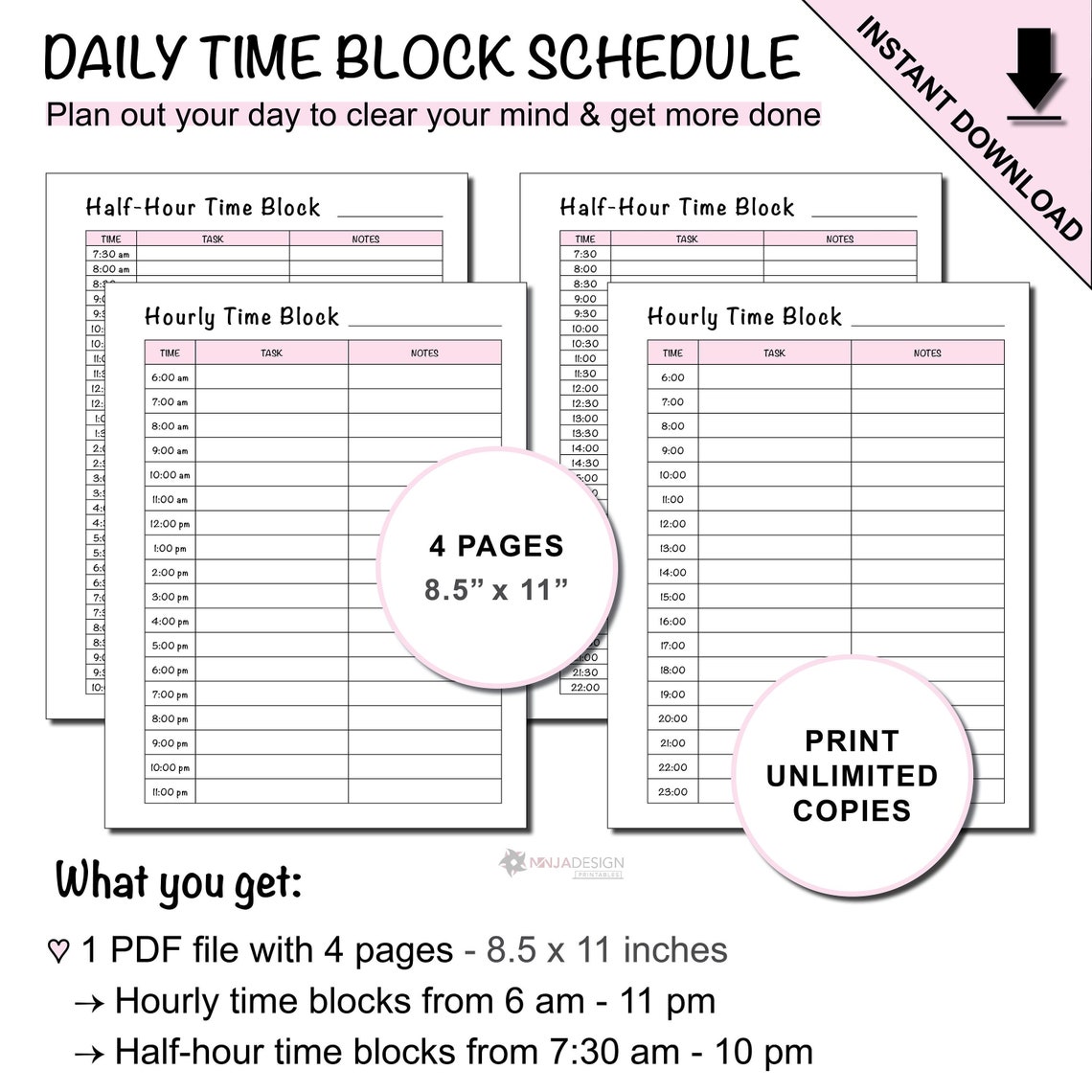 Printable Daily Time Block Schedules by Hour and Half-hour Regular Time ...