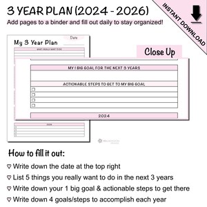 Printable 3 Year Goal Planning Template for 2024 to 2026 Plus Blank ...