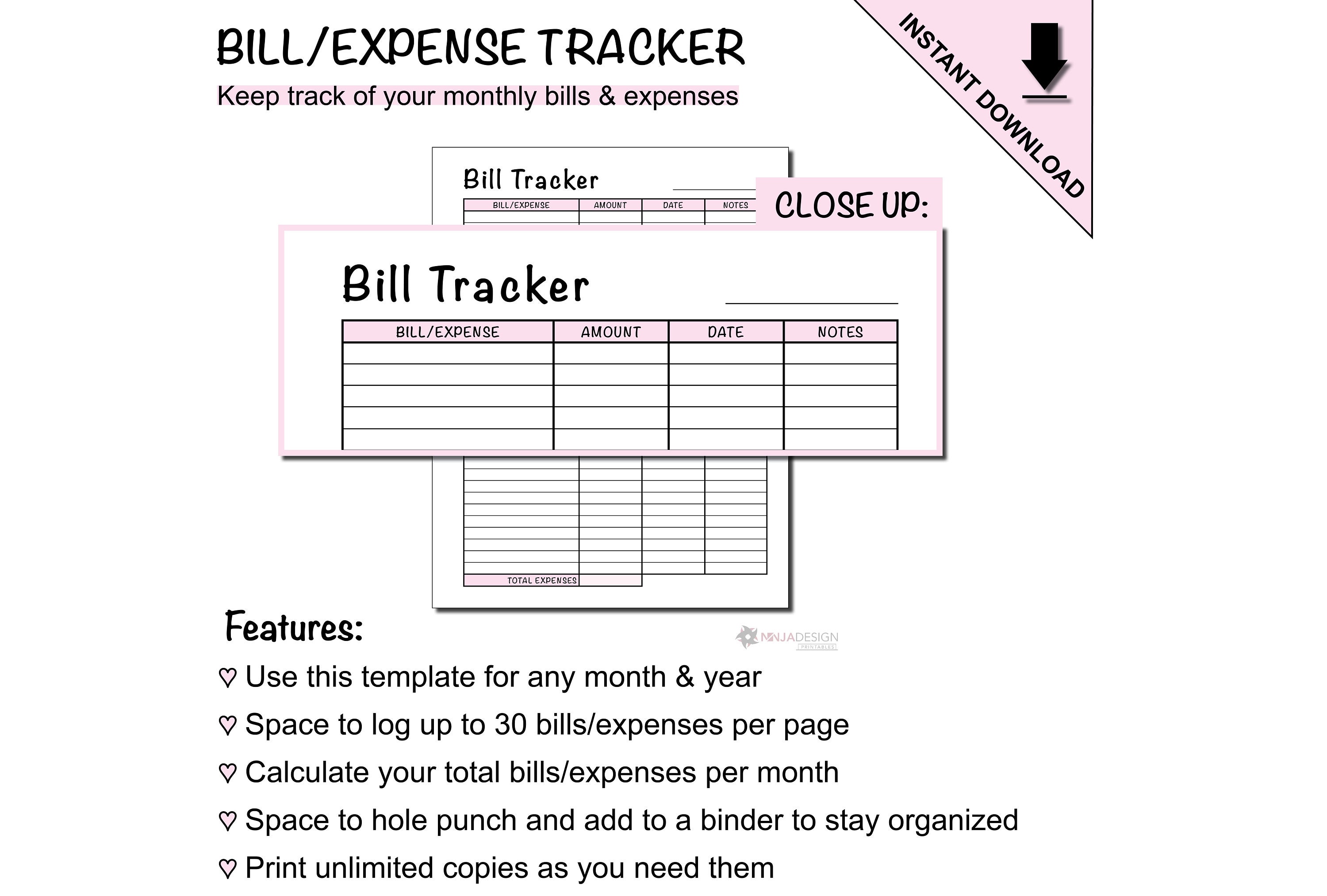 Printable Bills & Expenses Tracker Sheet to Log and Keep Track of Your ...