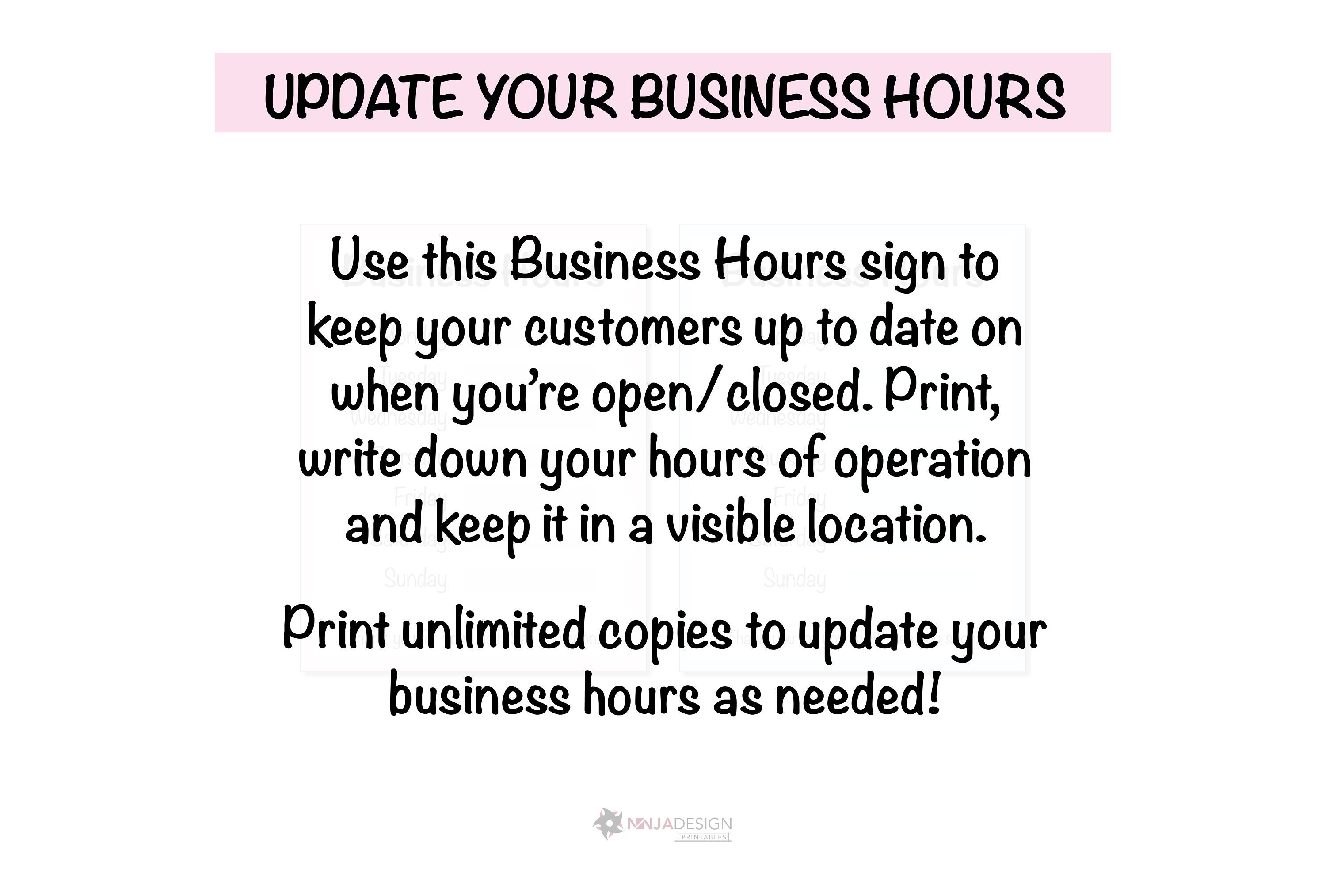 Printable Business Hours of Operation Sign to Display Custom Business ...