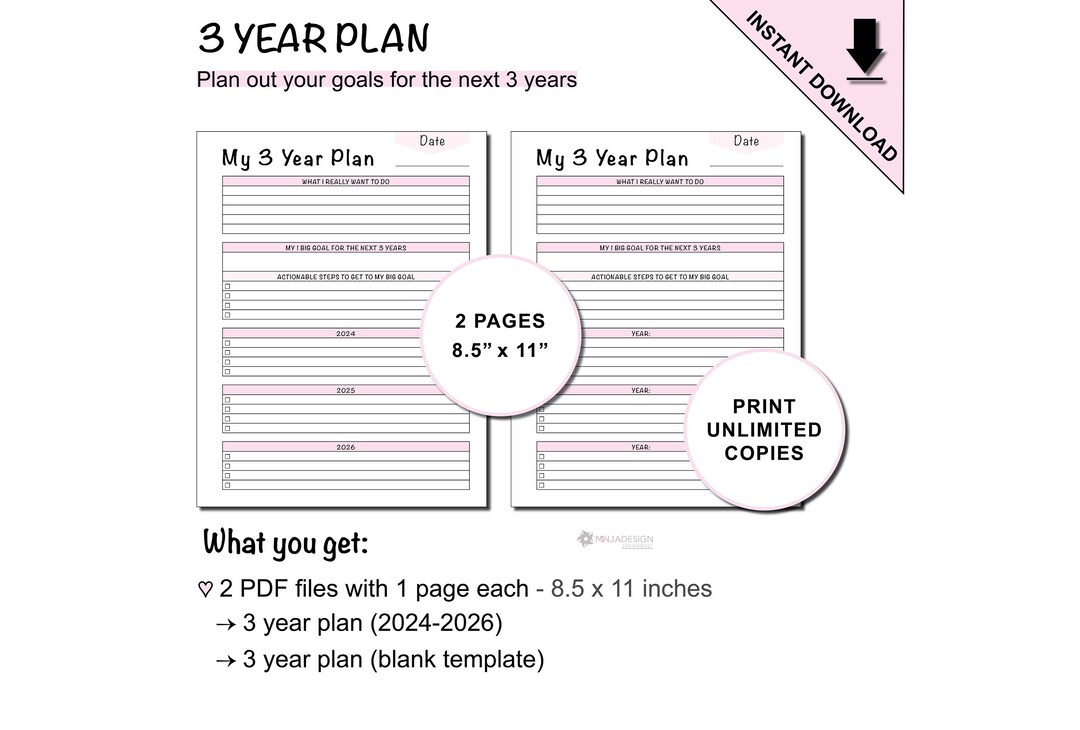 Printable 3 Year Goal Planning Template for 2024 to 2026 Plus Blank ...