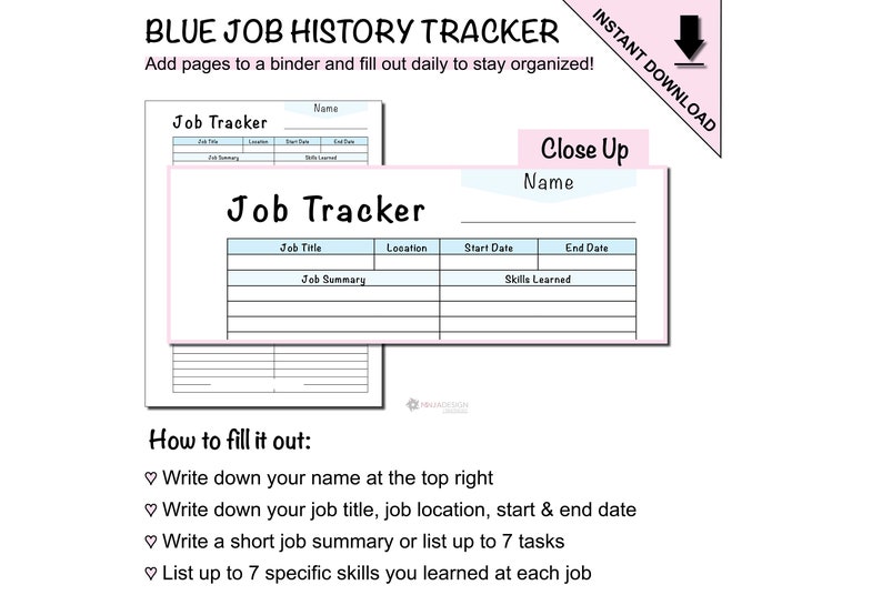 Printable Job History Tracker to Track Work Employment History - Etsy