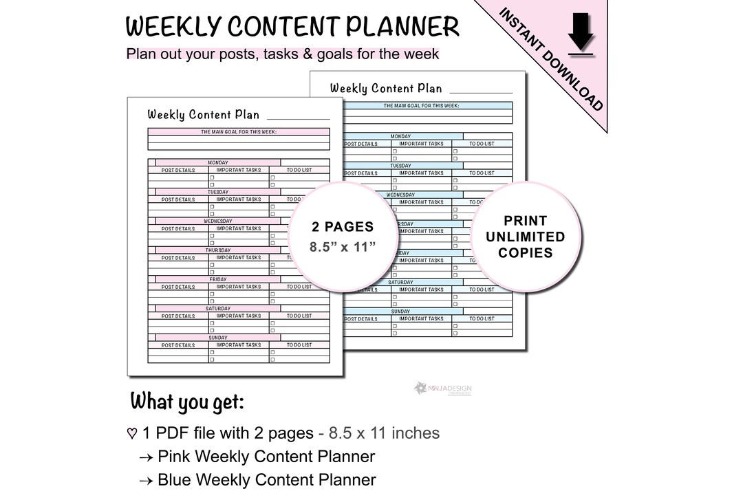 Printable Weekly Content Planner Sheets to Keep Track of Your Weekly ...