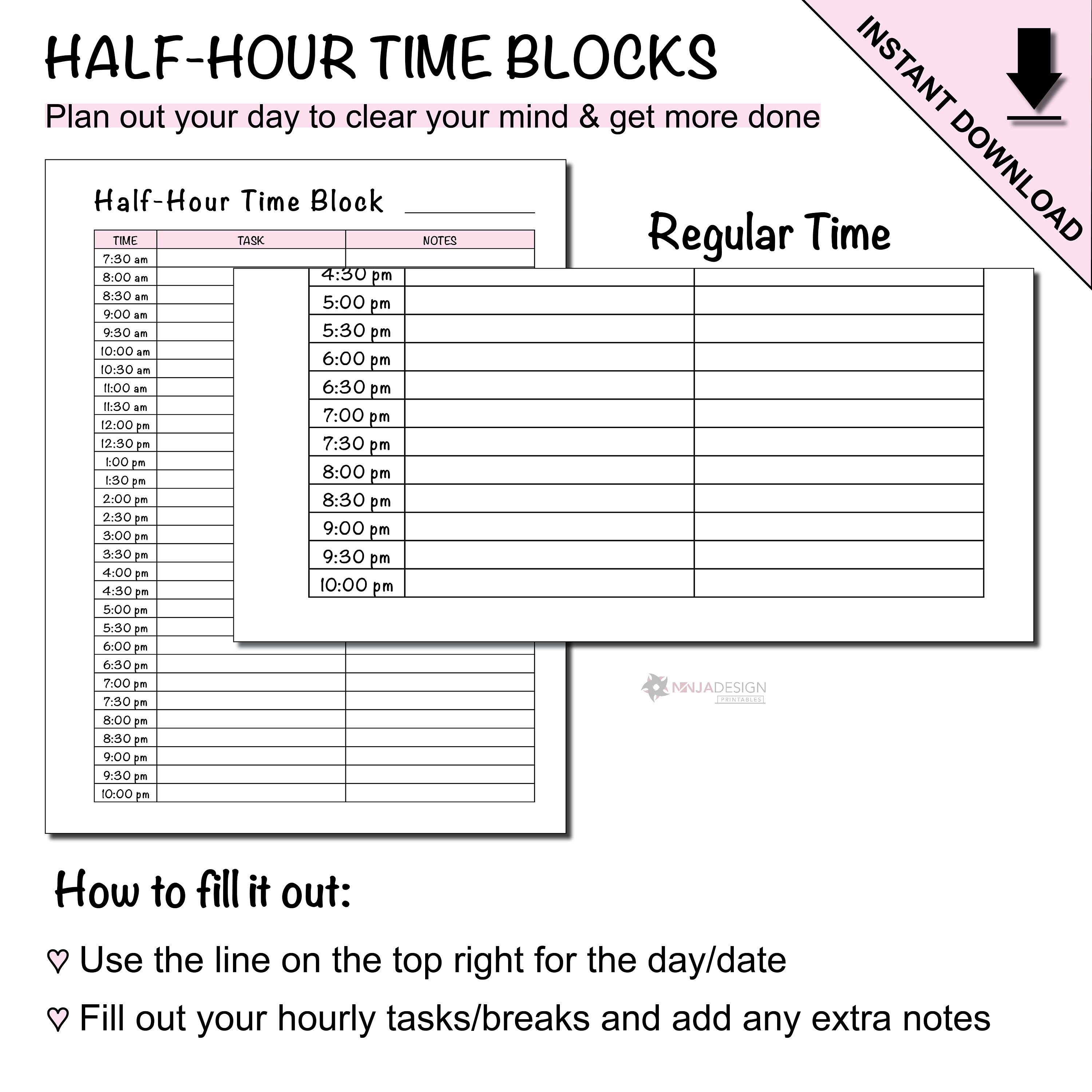 Printable Daily Time Block Schedules by Hour and Half-hour Regular Time ...