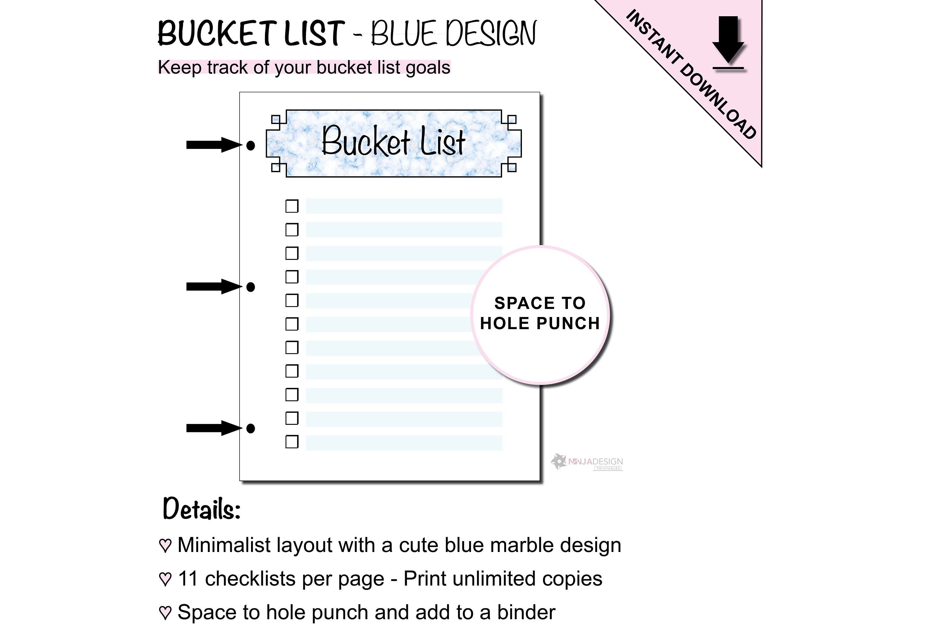 Printable Bucket List Sheets With Checkboxes in Pink & Blue to Keep ...