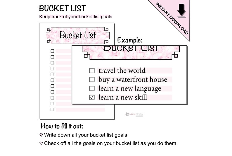 Printable Bucket List Sheets With Checkboxes in Pink & Blue to Keep ...