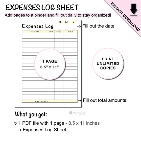 Printable Expenses Log Sheet to Track Small Business Expenses - Etsy