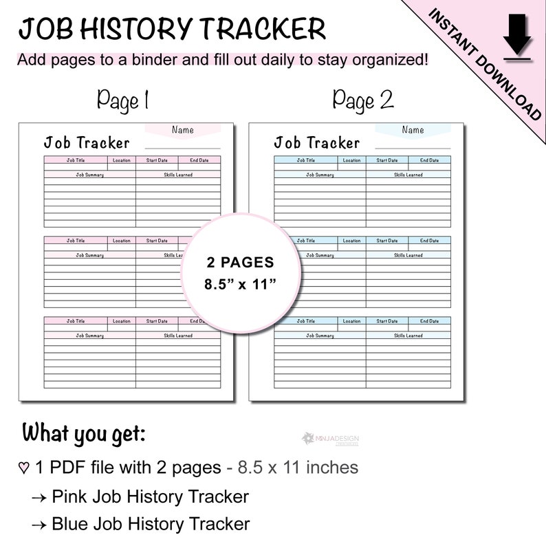 Printable Job History Tracker to Track Work Employment History - Etsy
