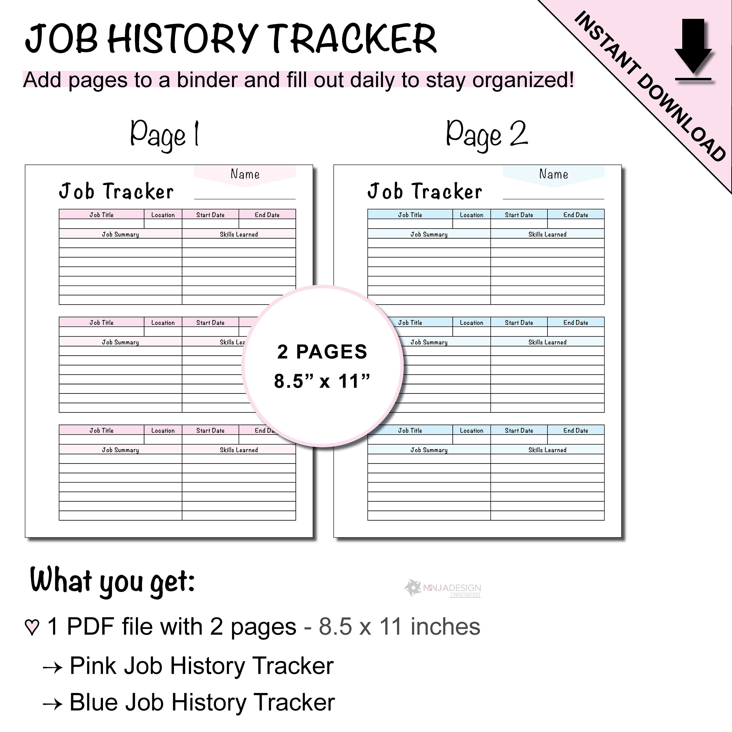 Printable Job History Tracker to Track Work Employment History (Instant ...