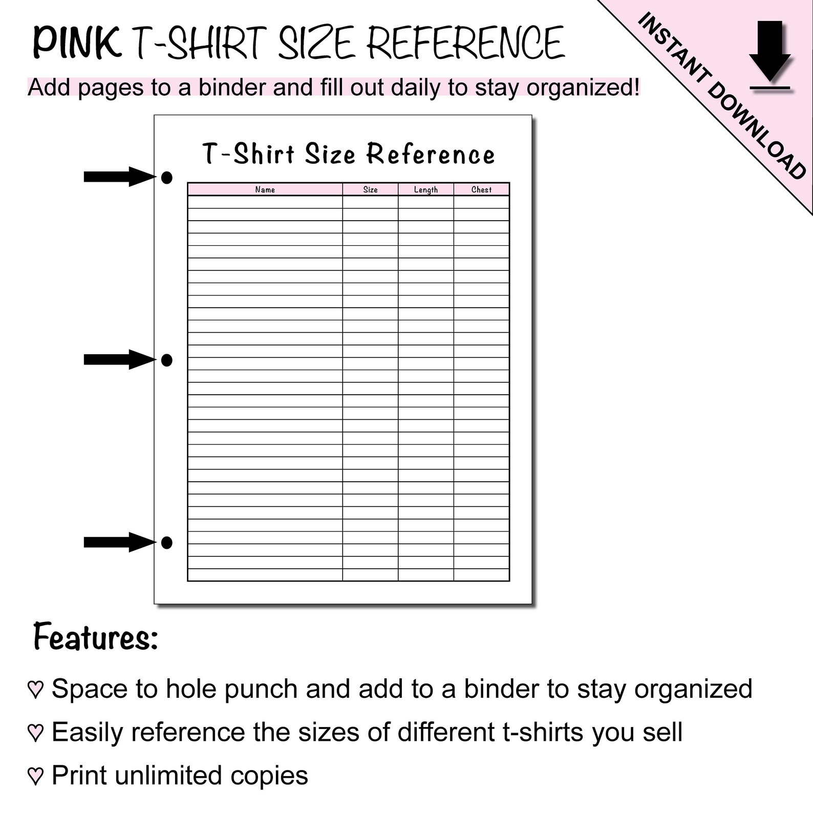 Printable T-shirt Size Reference Chart Tracker Sheet for Small - Etsy ...