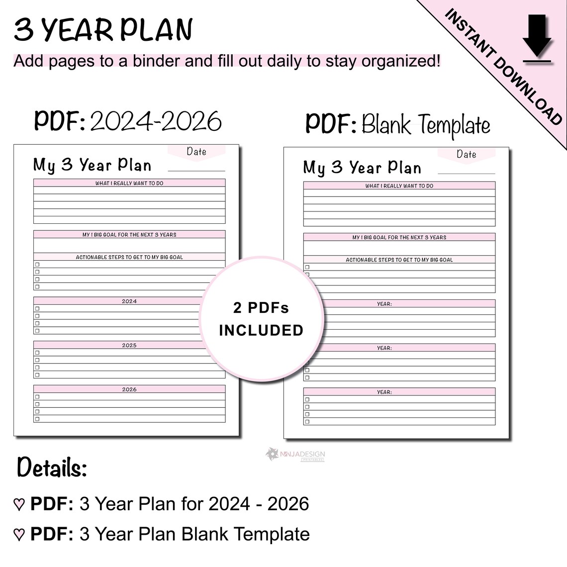 Printable 3 Year Goal Planning Template for 2024 to 2026 Plus Blank ...