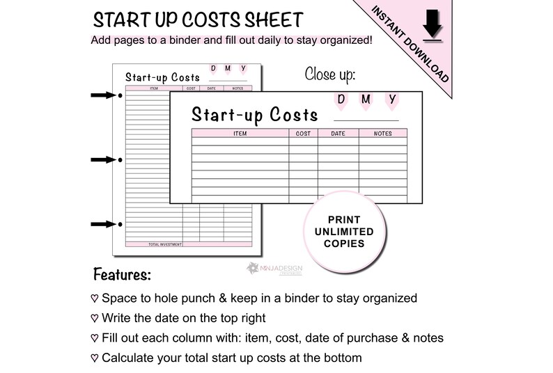 Printable Start up Cost Sheet for Business - Etsy