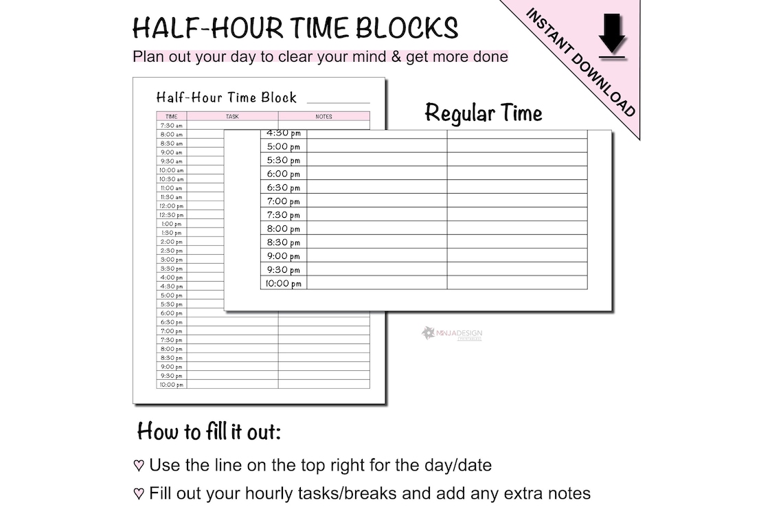 Printable Daily Time Block Schedules by Hour and Half-hour Regular Time ...