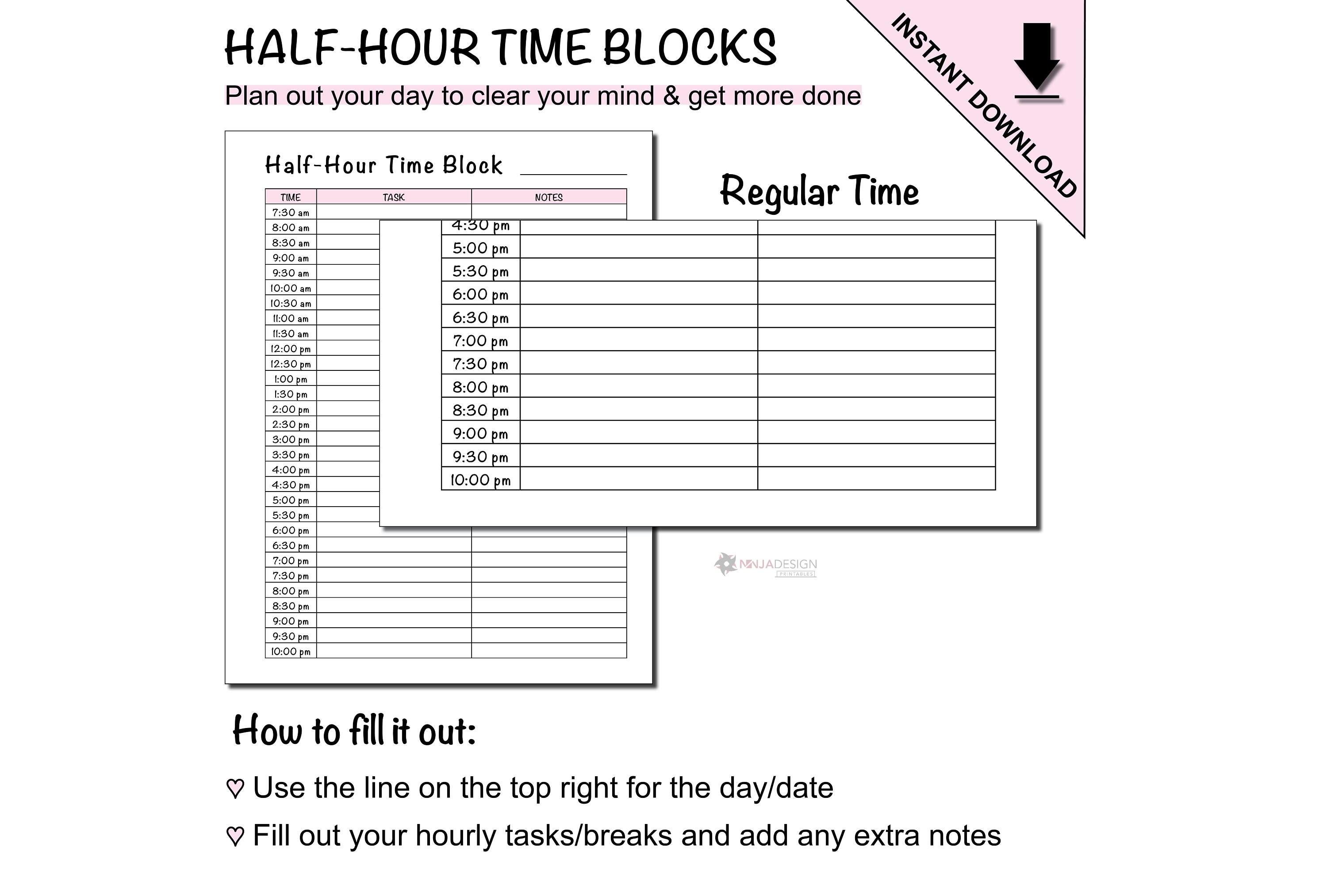 Printable Daily Time Block Schedules by Hour and Half-hour | Regular ...