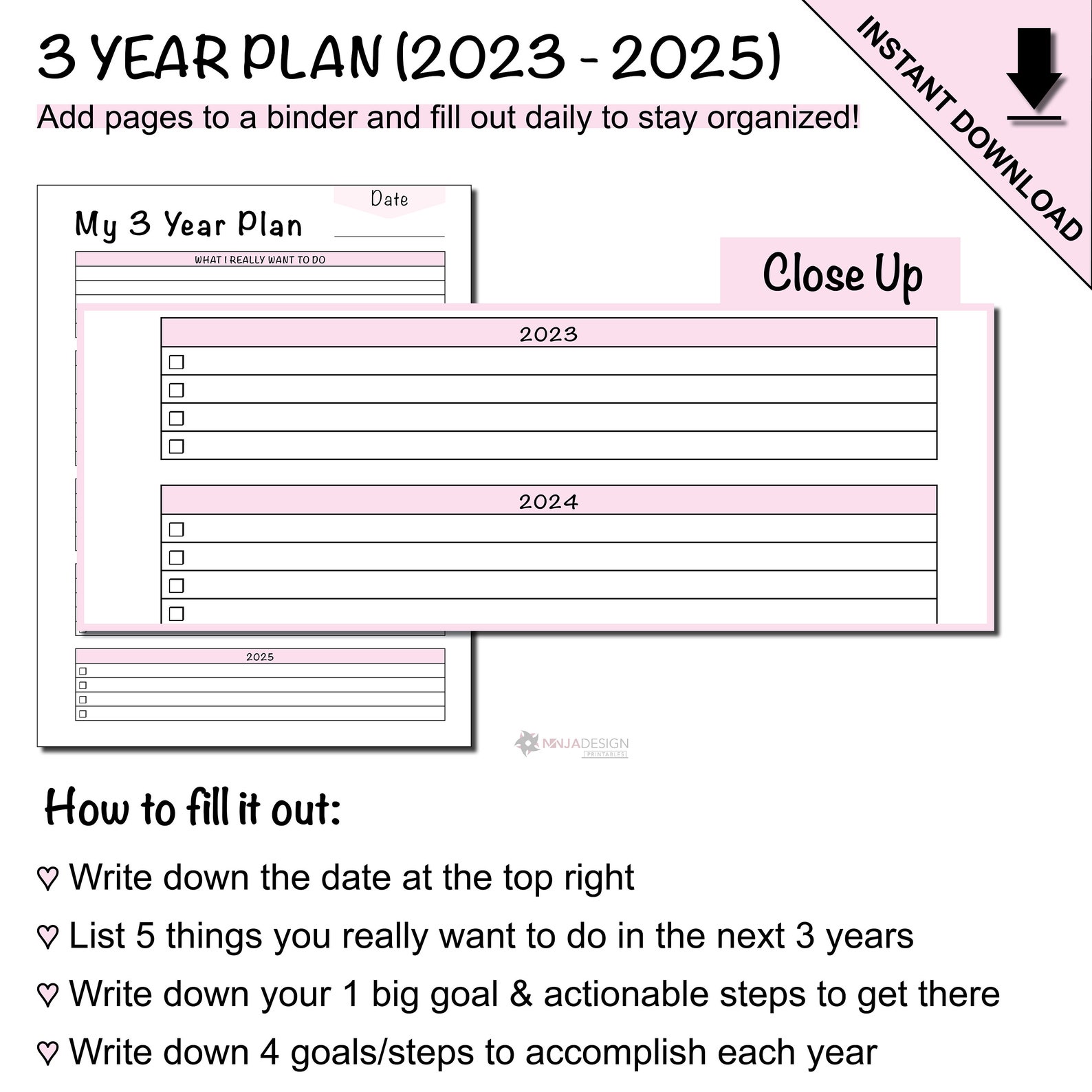 Printable 3 Year Goal Planning Template for 2023 to 2025 Plus - Etsy