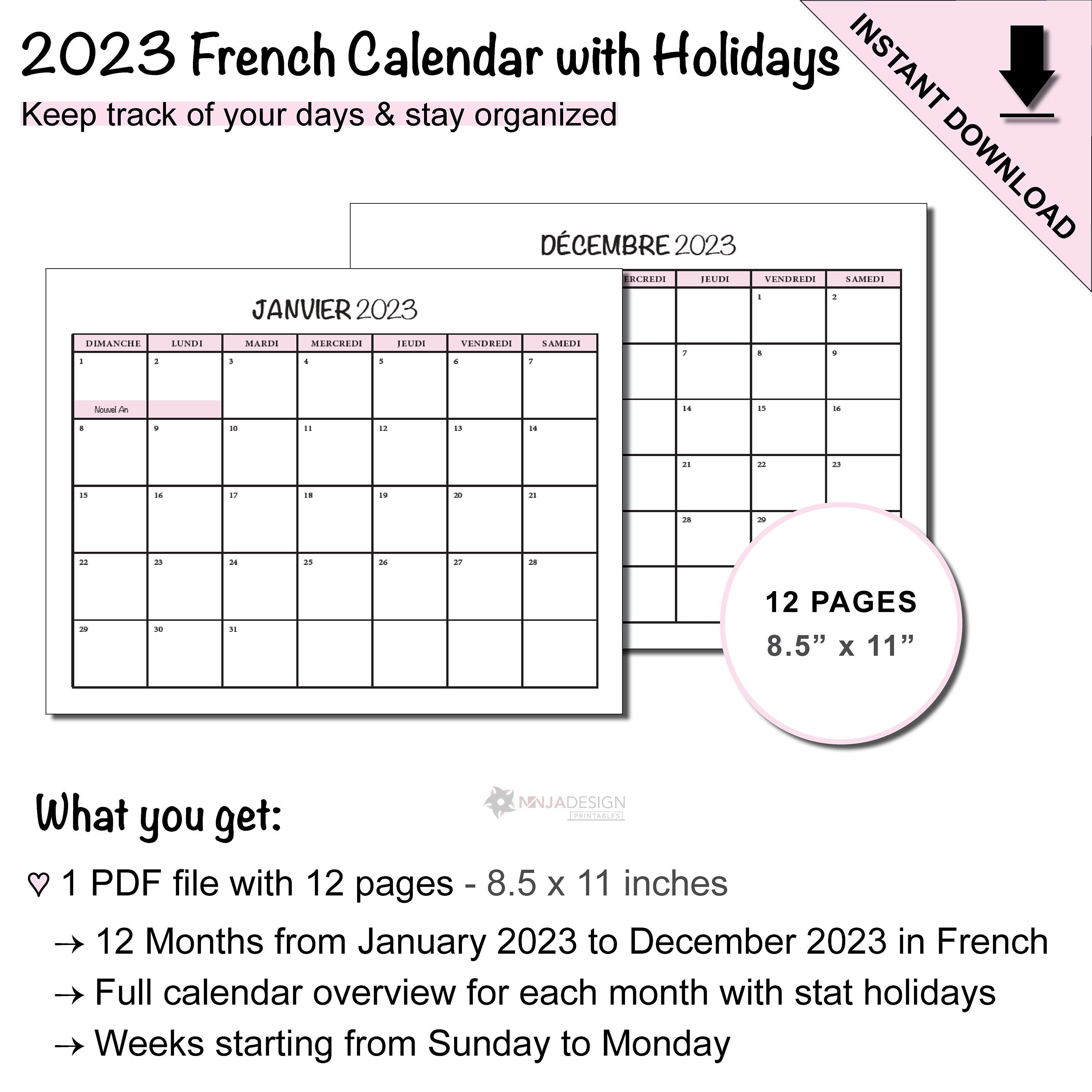 Printable Minimalist Calendar in French for 2023 With Canadian - Etsy