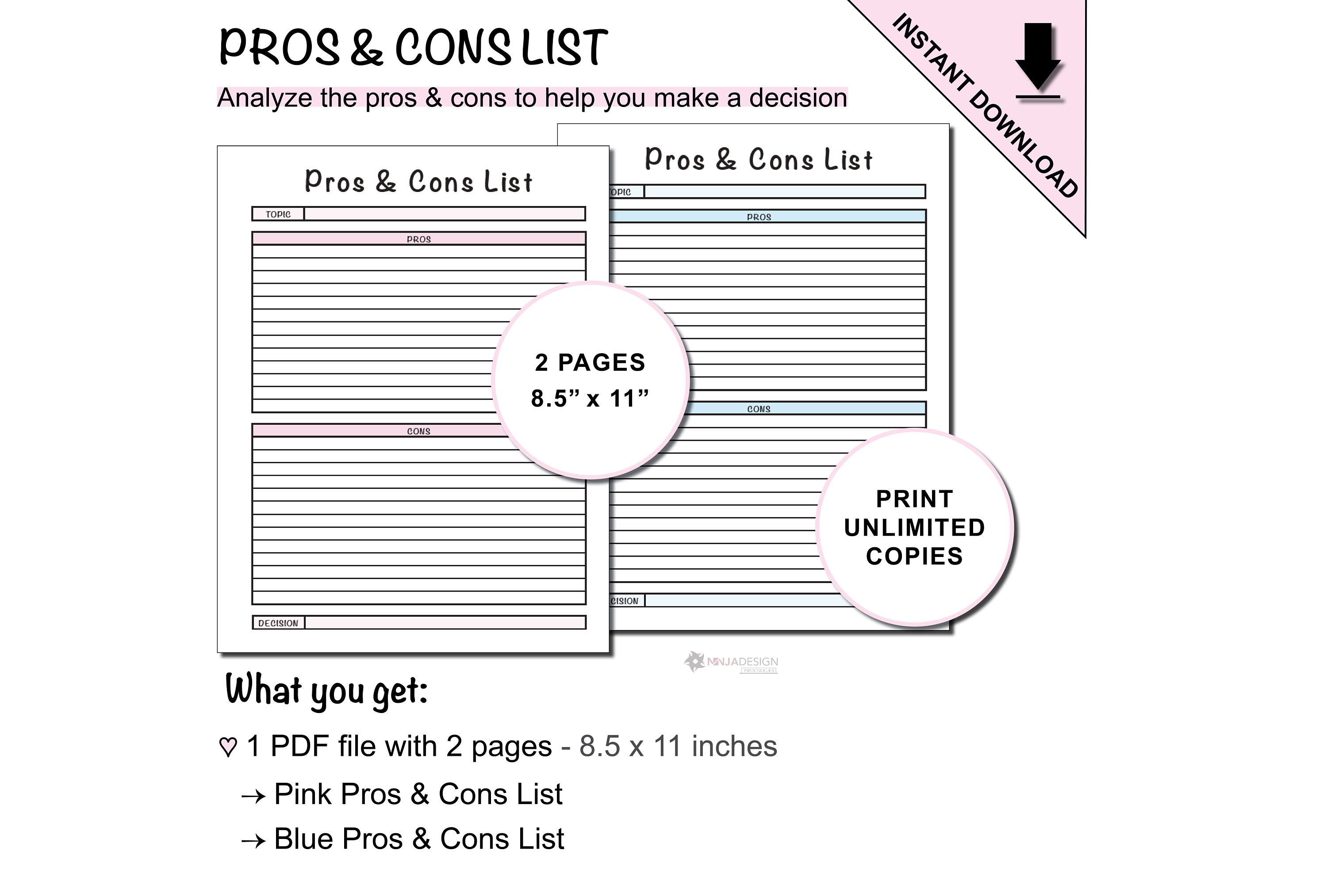 Printable Pros & Cons List to Help You Make a Decision - Etsy Canada