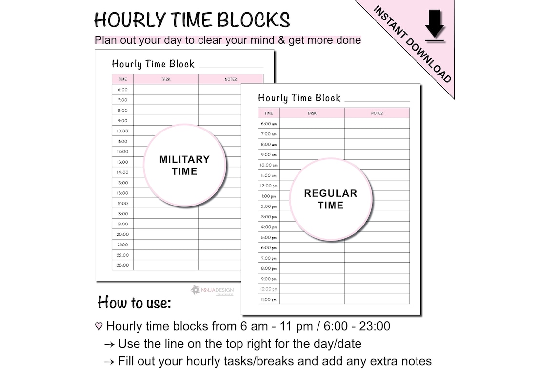 Printable Daily Time Block Schedules by Hour and Half-hour | Regular ...