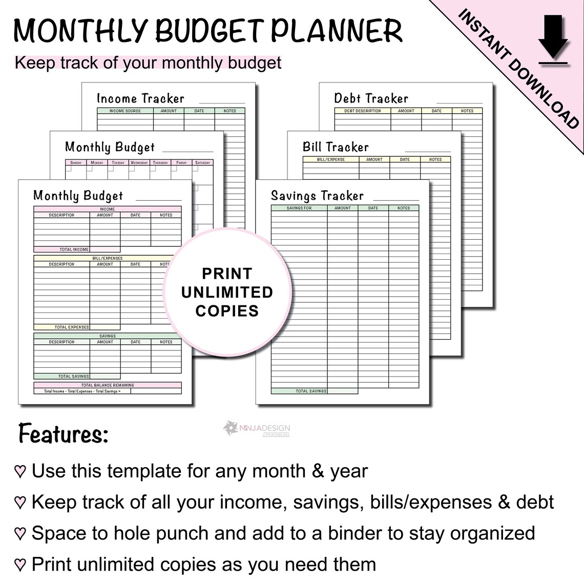 Printable Monthly Budget Planner With a Blank Monthly Calendar to Log ...