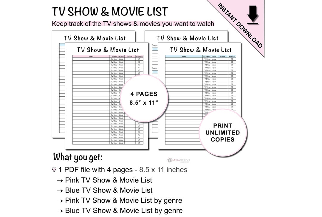 Printable TV Show and Movie List Tracker for Shows and Movies You Want ...