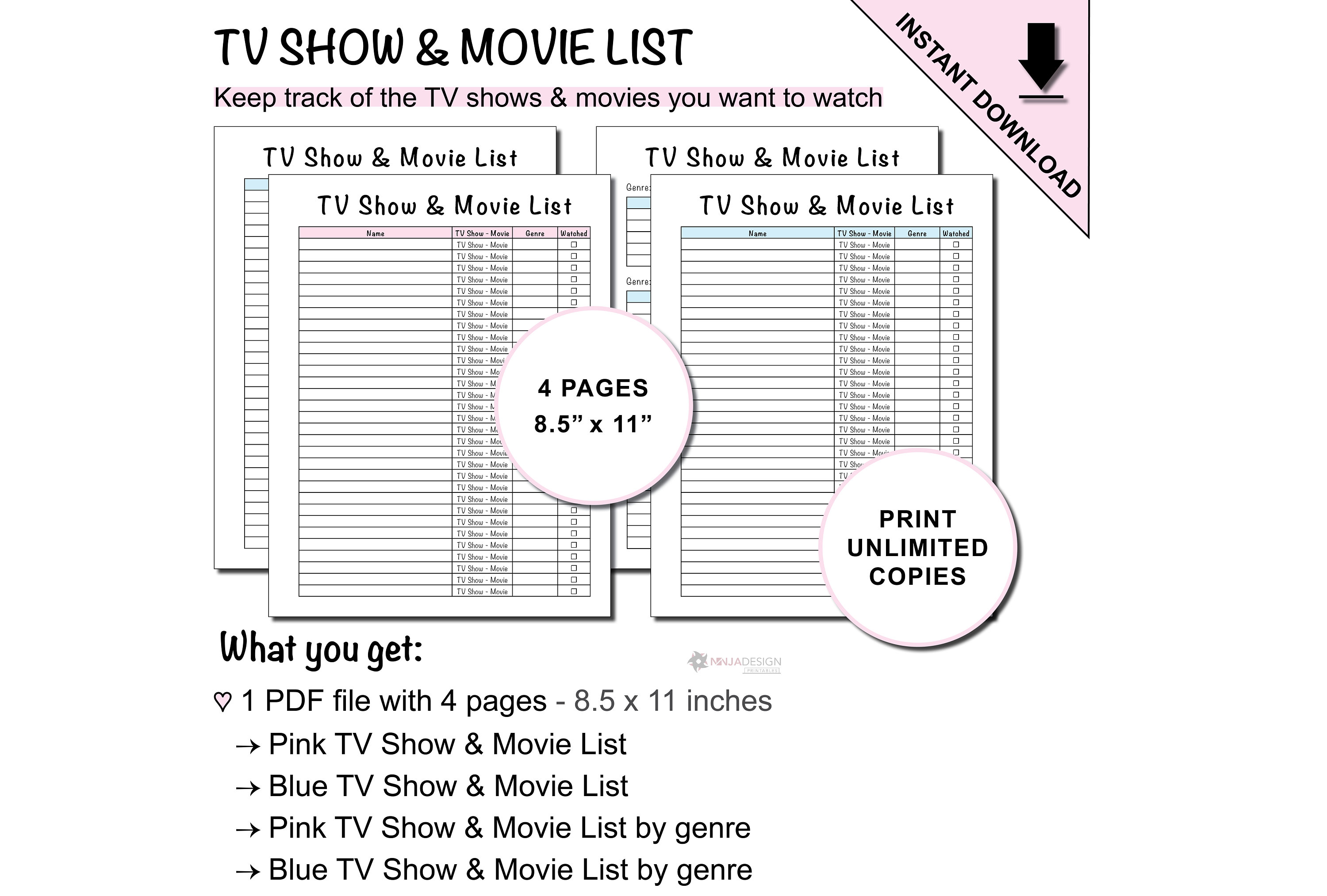 Printable TV Show and Movie List Tracker for Shows and Movies You Want ...