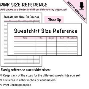 Printable Sweatshirt Size Reference Chart Tracker Sheet for Small ...