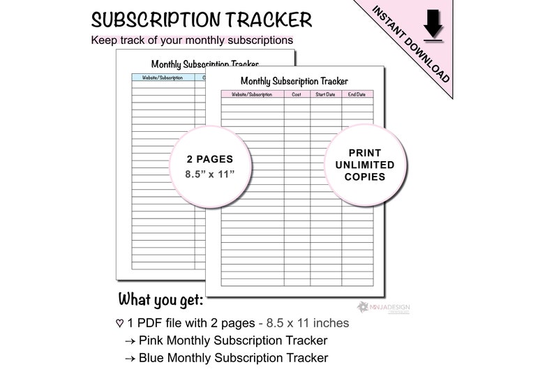 Printable Monthly Subscription Tracker to Track Website and App ...