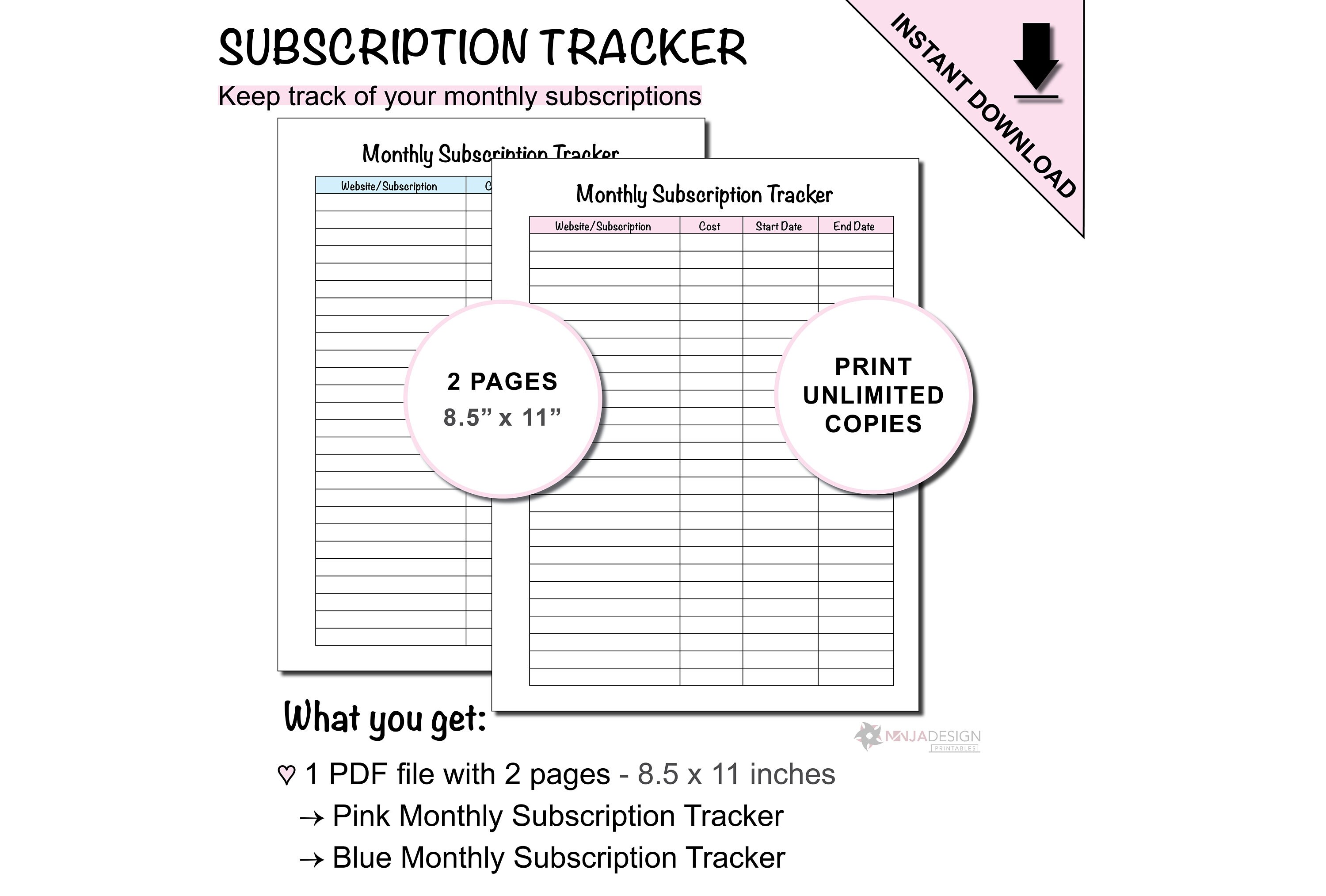 Printable Monthly Subscription Tracker to Track Website and App ...