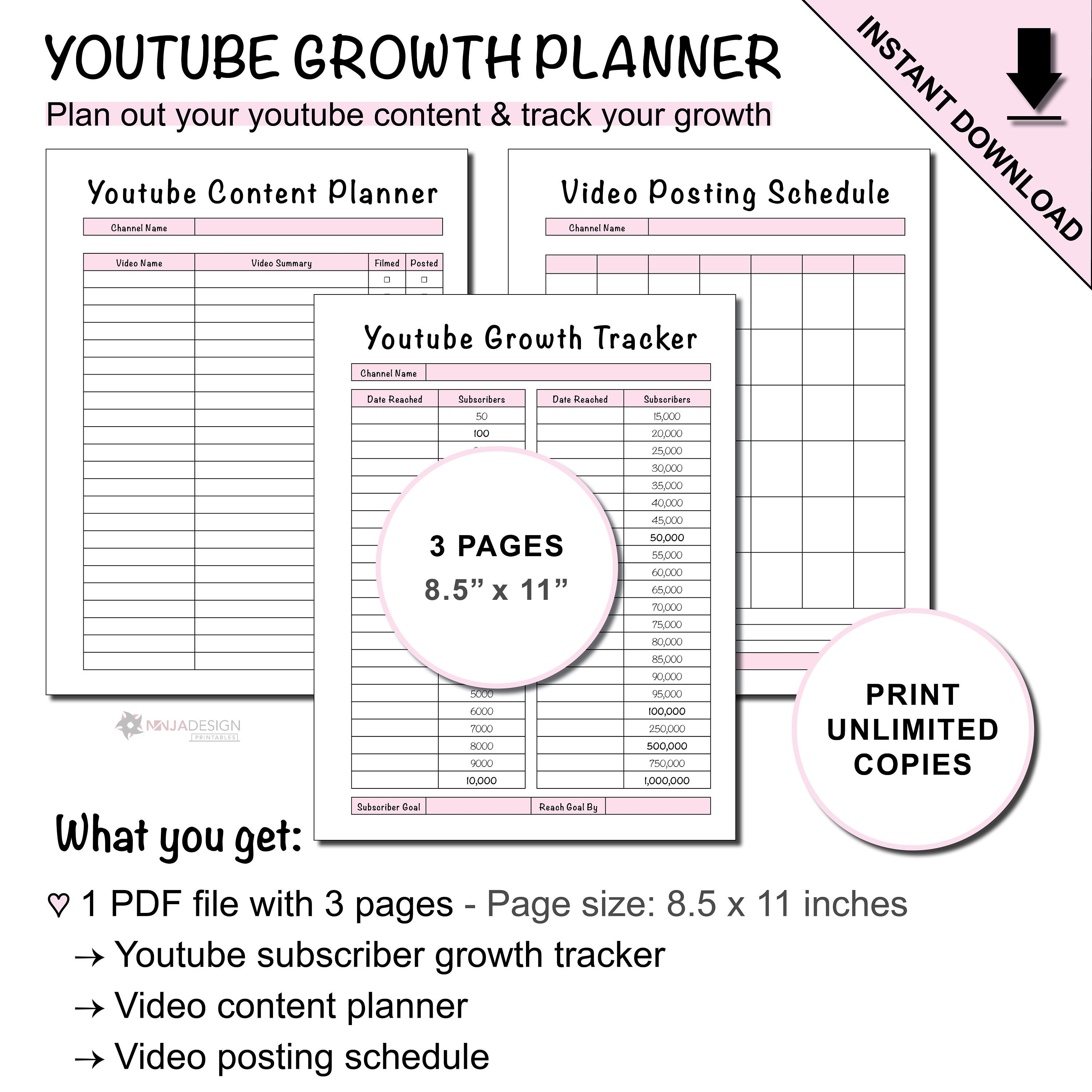 Printable Youtube Content Planner & Youtube Growth Tracker - Etsy