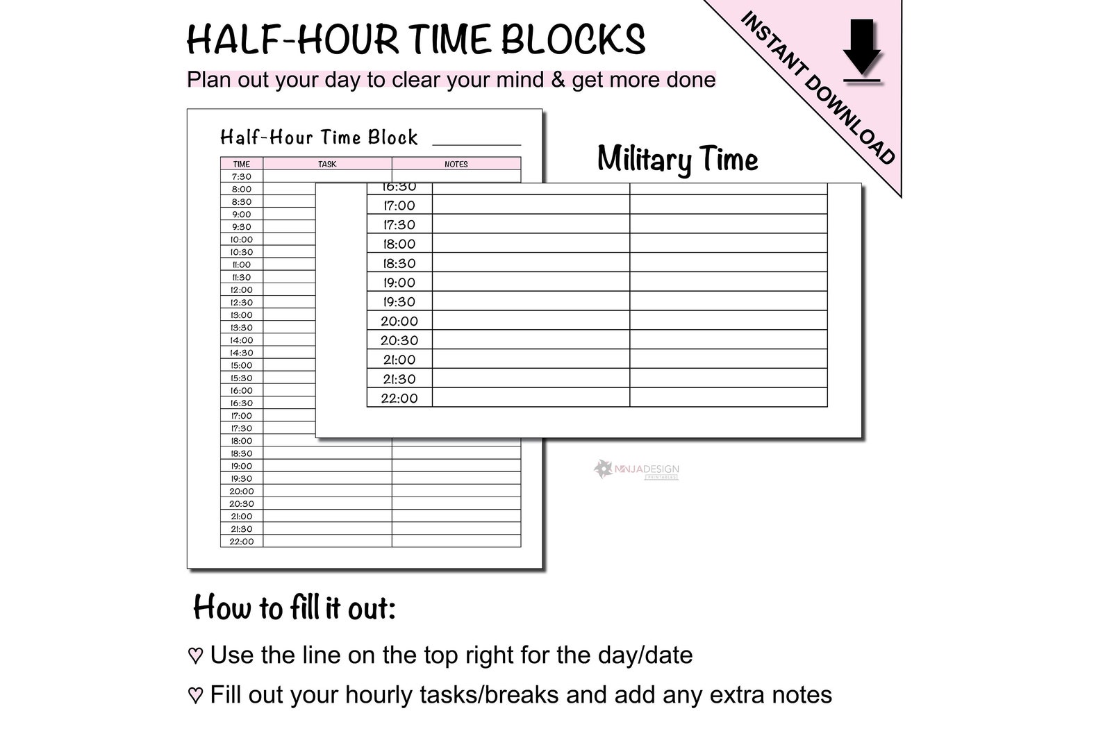 Printable Daily Time Block Schedules by Hour and Half-hour | Regular ...