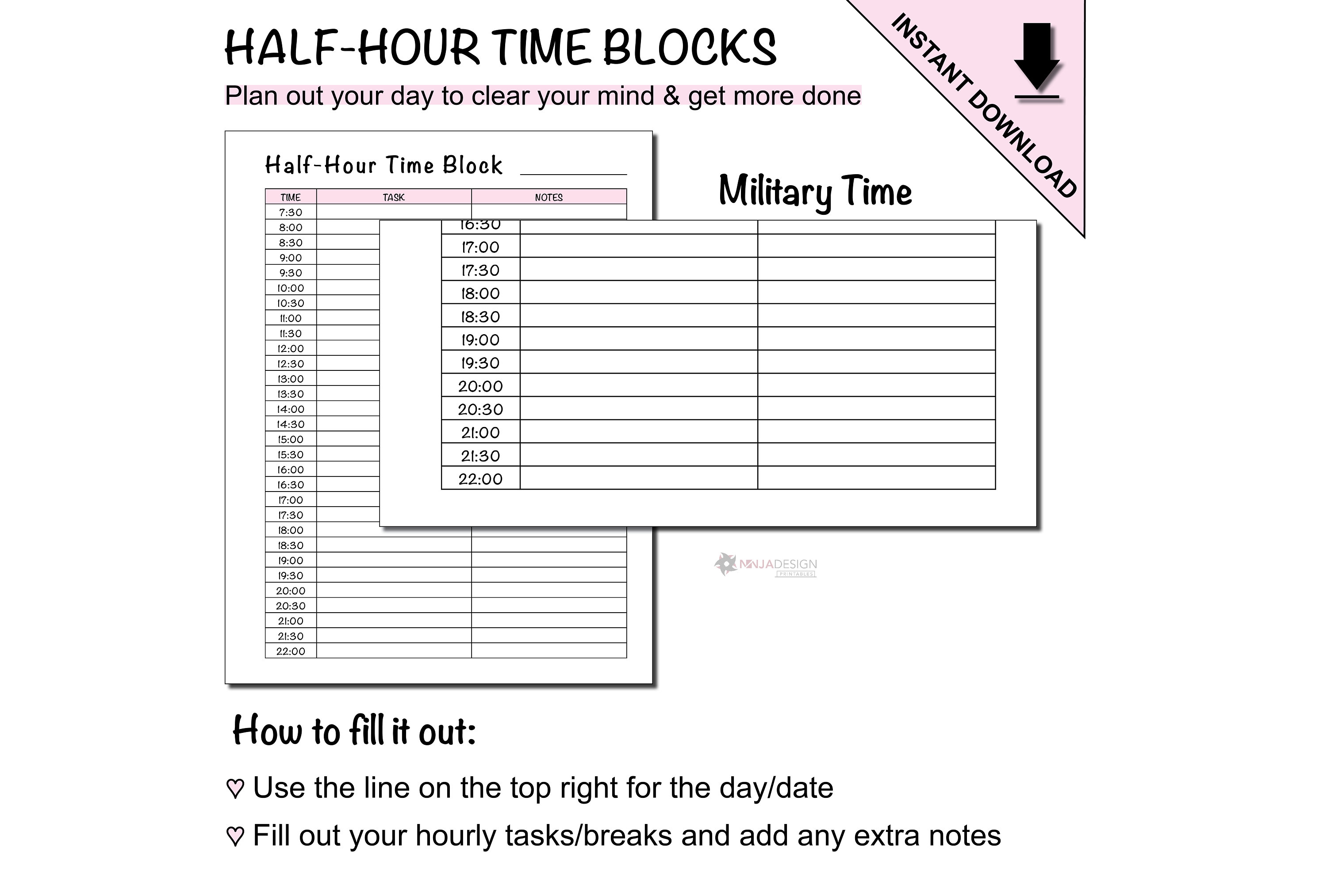 Printable Daily Time Block Schedules by Hour and Half-hour | Regular ...