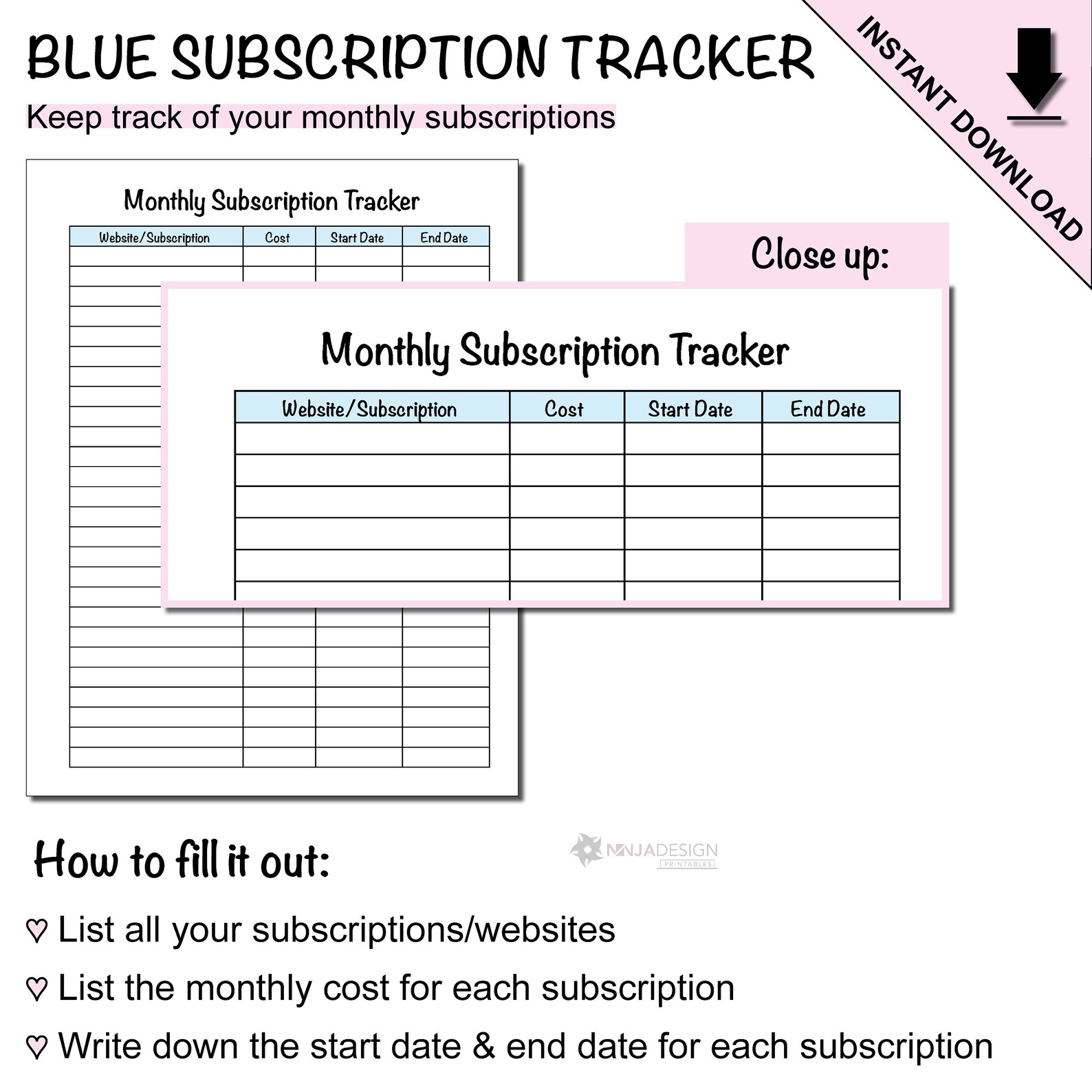 Printable Monthly Subscription Tracker to Track Website - Etsy