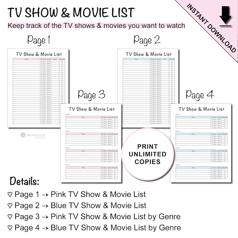 Printable TV Show and Movie List Tracker for Shows and Movies - Etsy