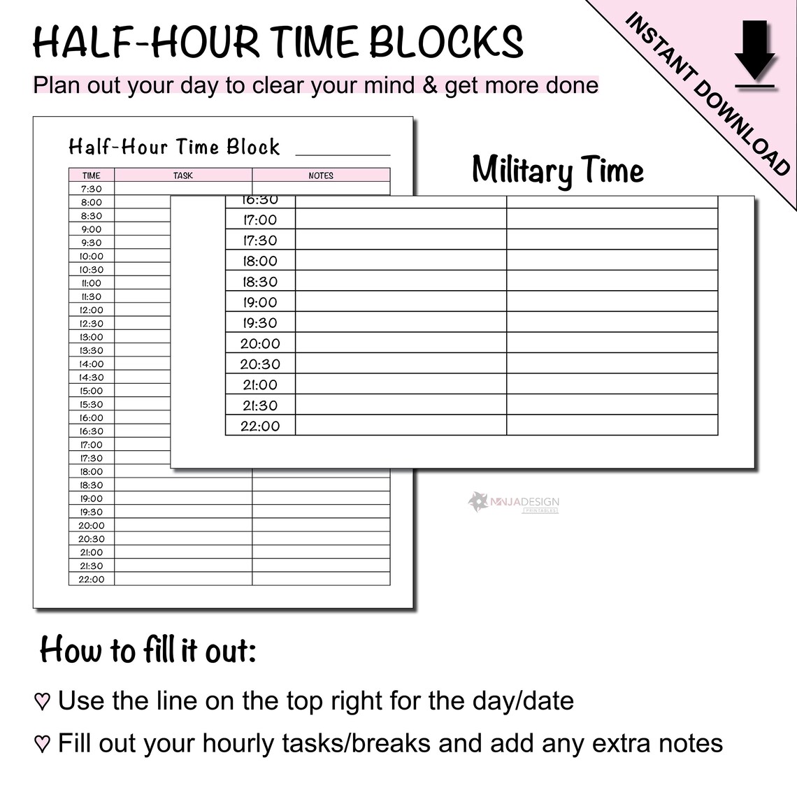 Printable Daily Time Block Schedules by Hour and Half-hour - Etsy