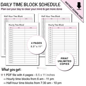 Printable Daily Time Block Schedules by Hour and Half-hour | Regular ...