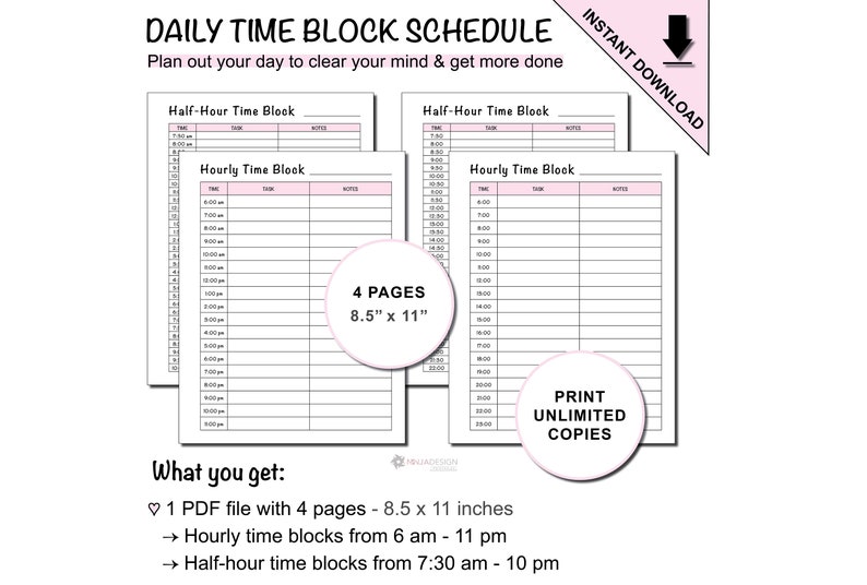 Printable Daily Time Block Schedules by Hour and Half-hour | Regular ...