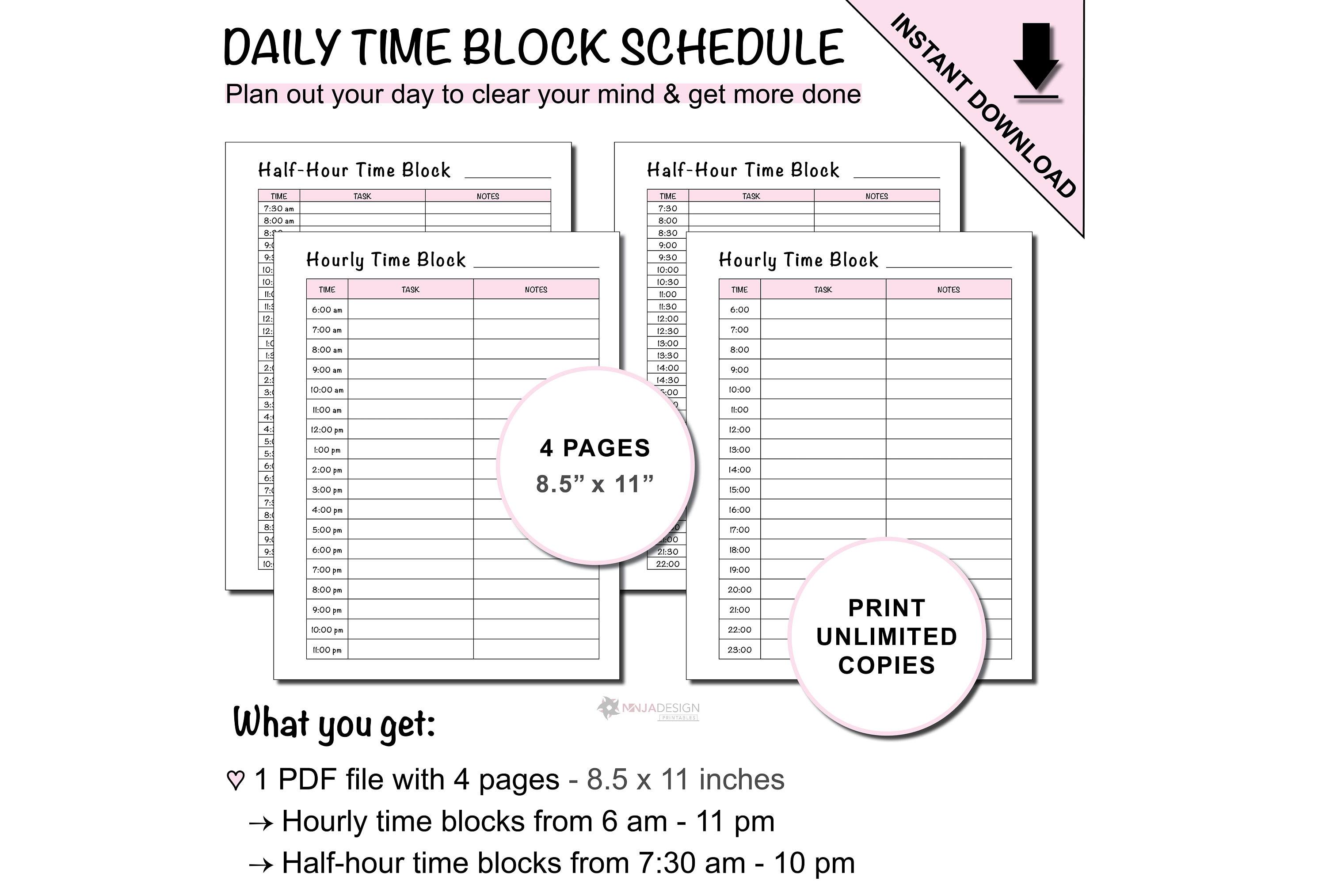 Printable Daily Time Block Schedules by Hour and Half-hour | Regular ...