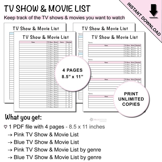Printable TV Show and Movie List Tracker for Shows and Movies - Etsy