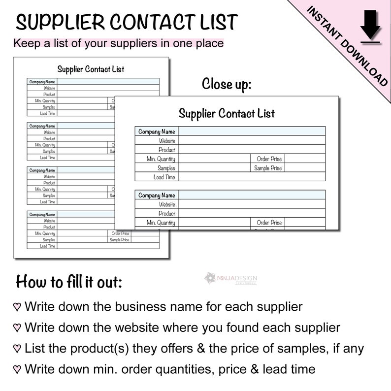 Printable Supplier Contact List Sheets for Business Supplier - Etsy