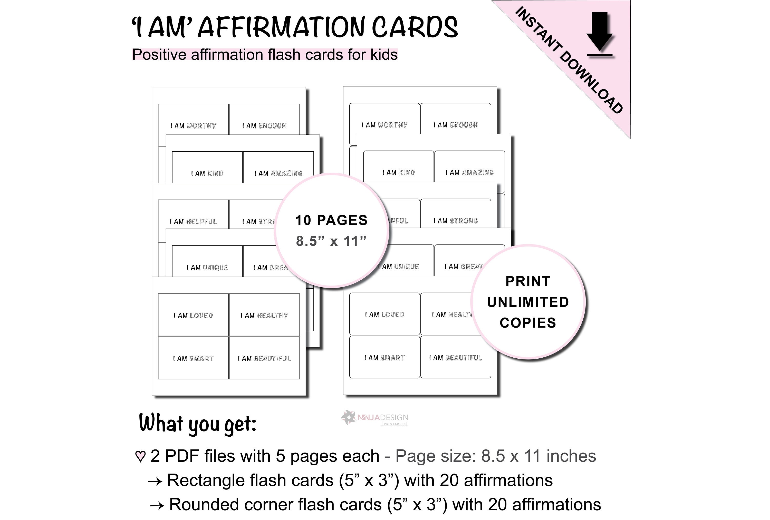 Printable Affirmation Cards for Kids | Set of 20 'I Am' Affirmations ...