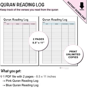 Printable Quran Reading Log to Track Verses of Surahs Read Ramadan ...